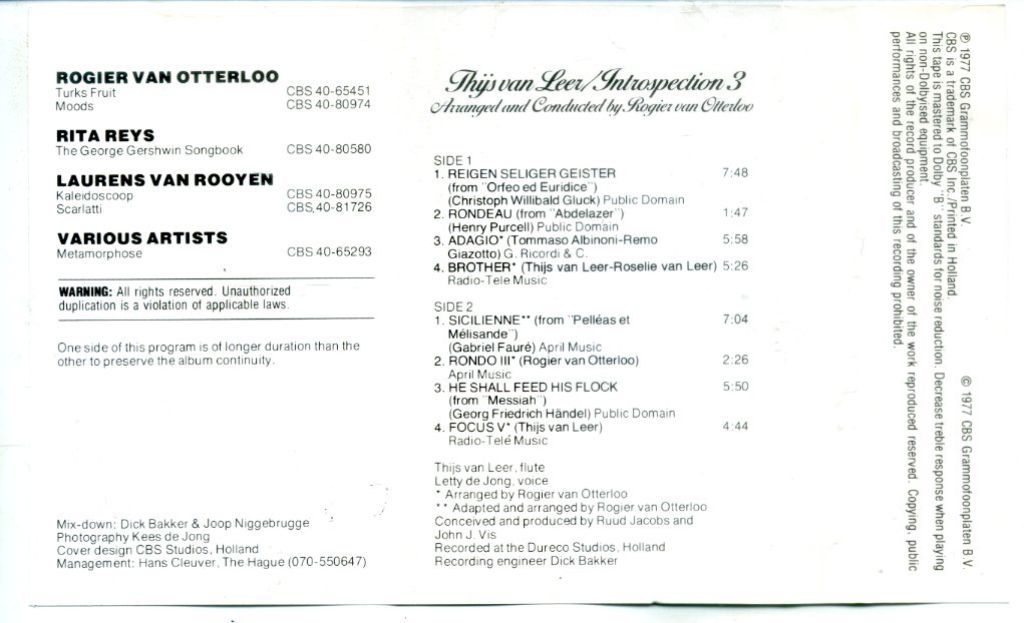 Thijs van Leer ? Introspection 3 8 nrs cassette 1977 ZGAN : Cassettebandjes